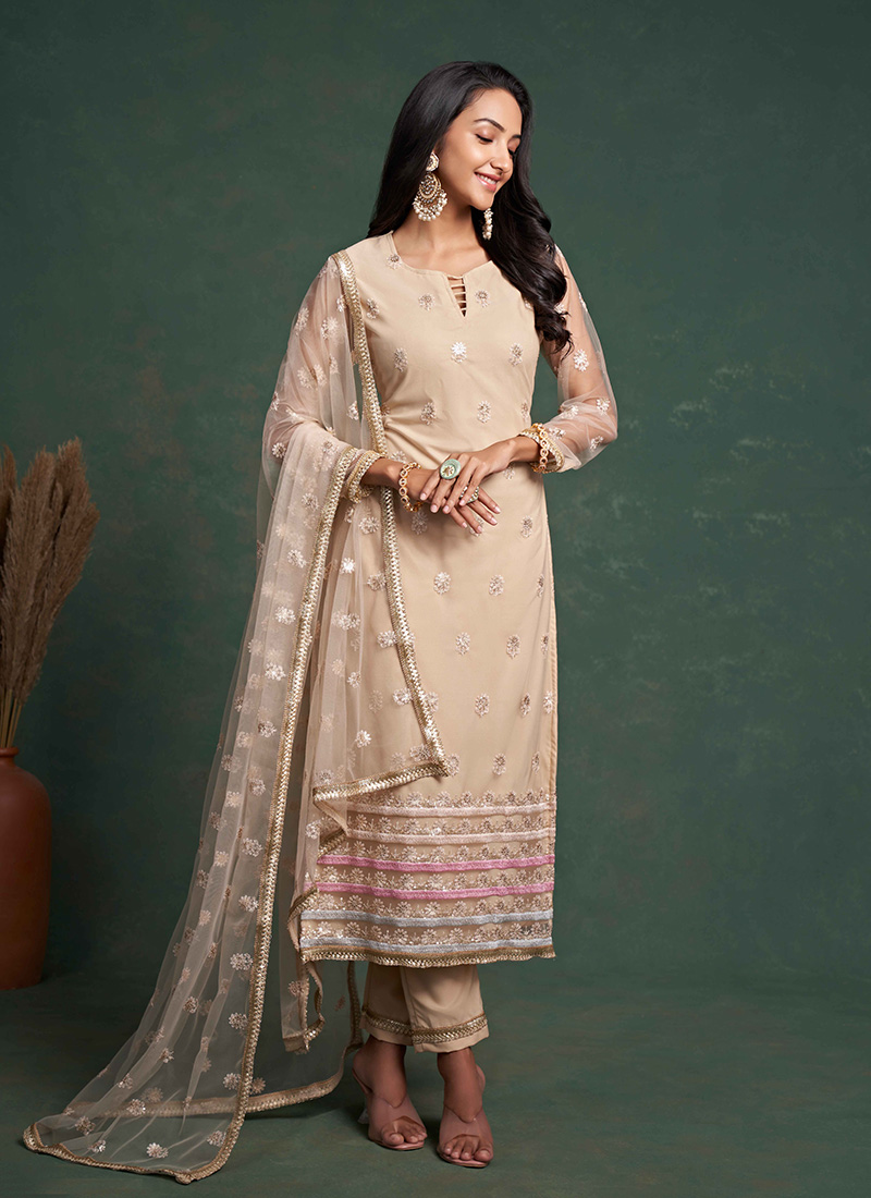 Buy Cream Net Embroidered Work Straight Pant Suit Festive Wear Online ...