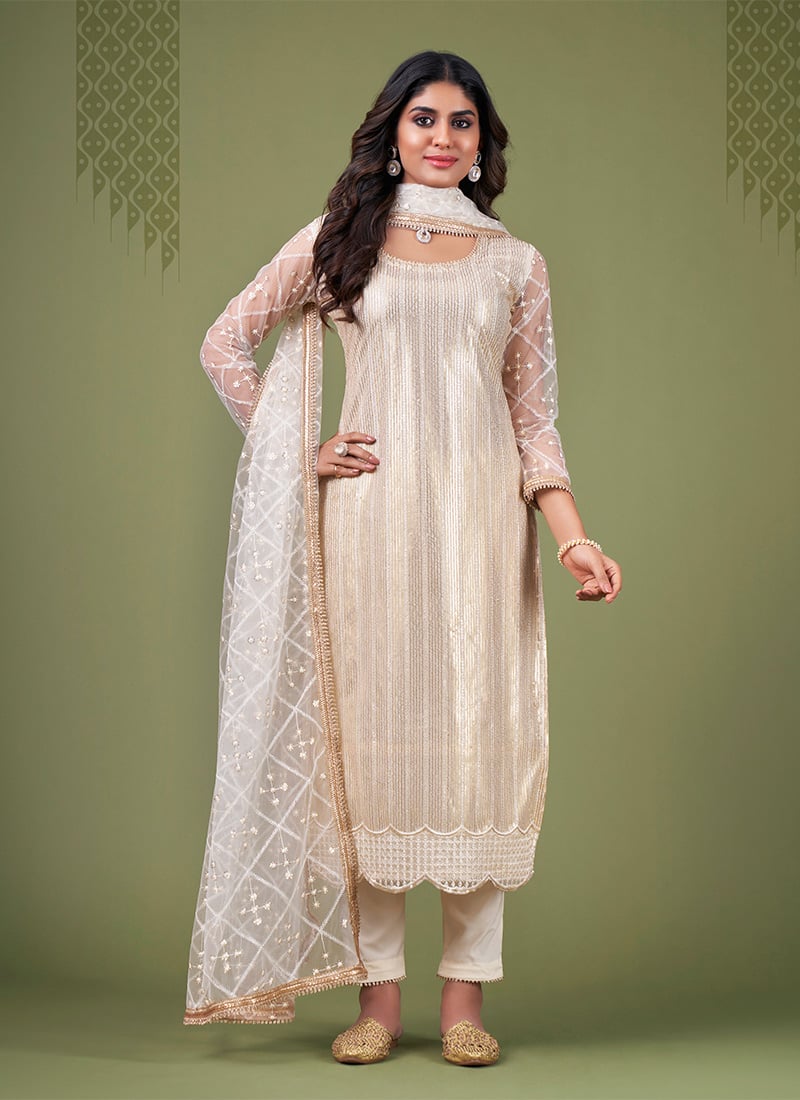 Buy Cream Net Embroidery Straight Pant Suit Party Wear Online at Best ...