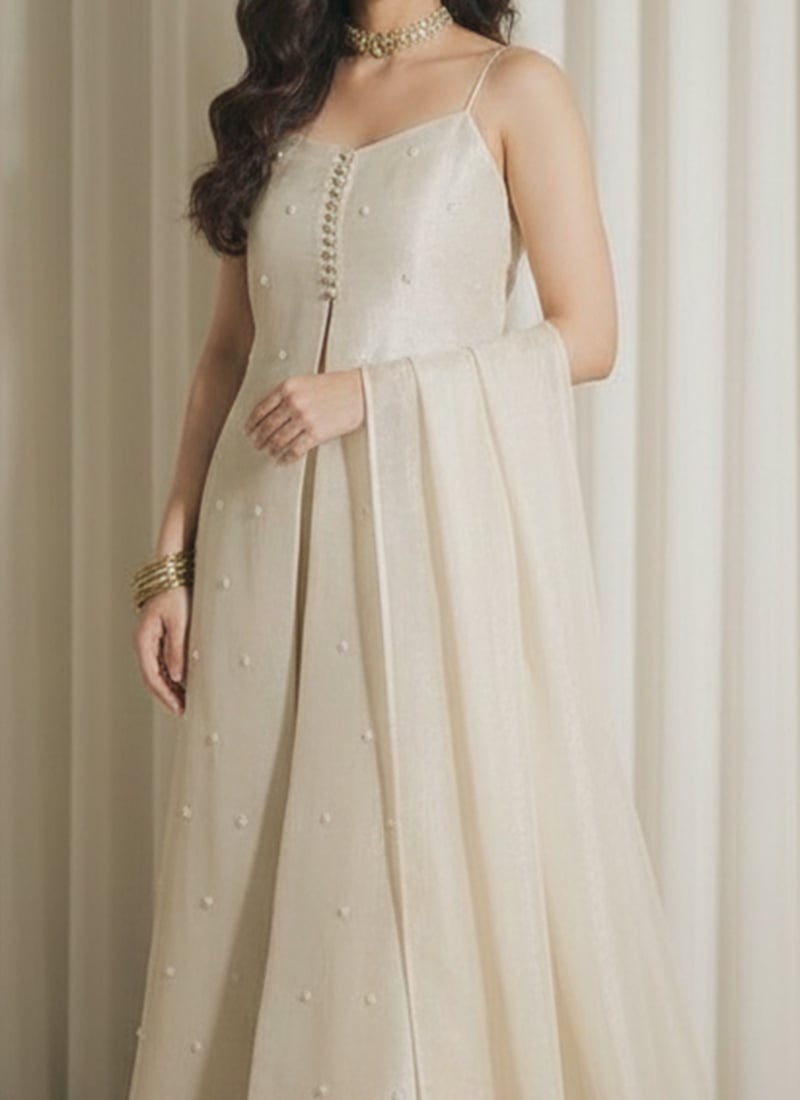 Shop Cream Silk Beads Work High Slit Anarkali Suit After Six Wear ...