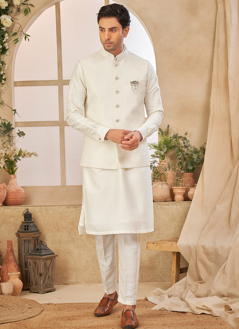 Shop Cream Silk Embroidered Bandi Set Festive Wear in UK - Cbazaar