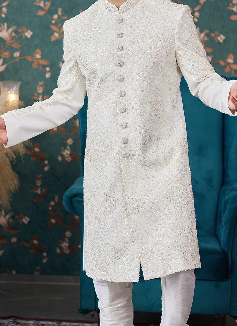 Shop Cream Silk Embroidered Hand Work Classic Sherwani Wedding Wear ...