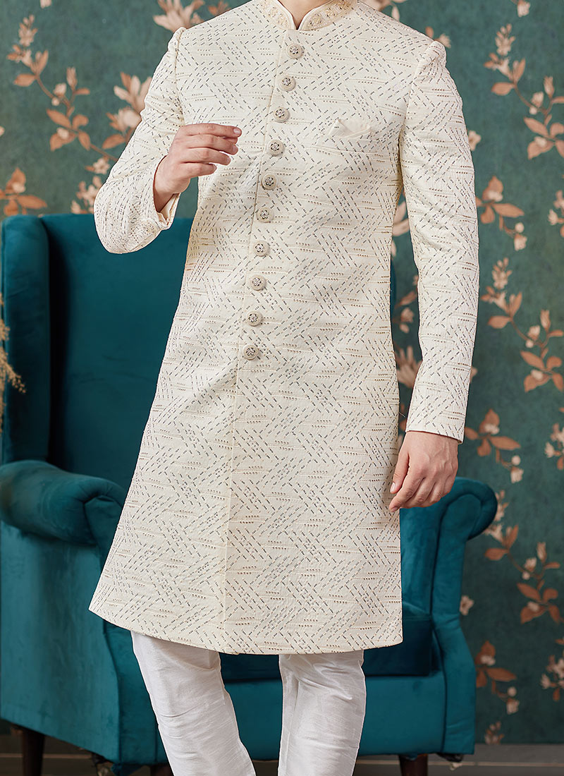 Shop Cream Silk Embroidered Hand Work Classic Sherwani Wedding Wear ...