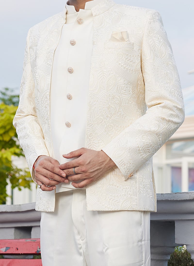 Buy Cream Silk Embroidered Sequins Jodhpuri Bandhgala Jacket For A ...