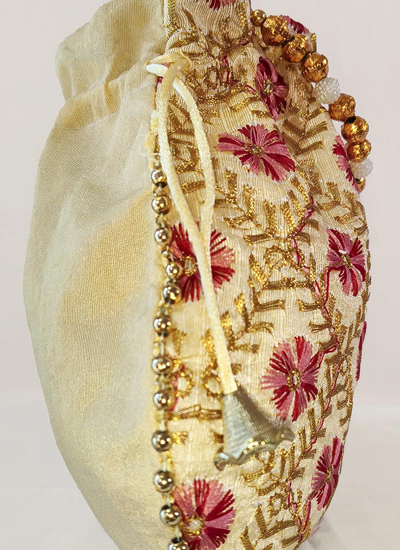 Shop Cream Silk Embroidered Thread Potli Festive Wear Online at Best ...