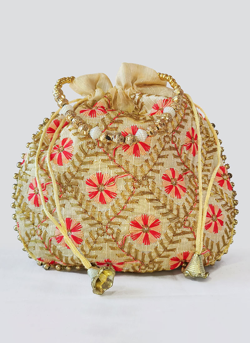 Buy Cream Silk Embroidered Thread Potli Festive Wear Online at Best ...