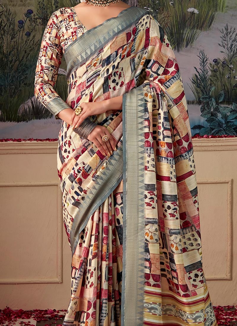 Buy Cream Silk Printed Saree With Jacquard For Traditional Festive Wear ...
