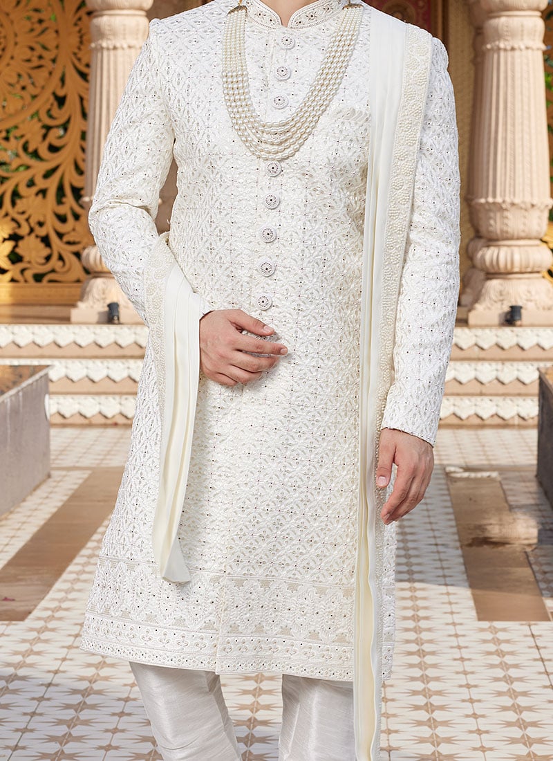 Shop Cream Silk Thread Hand Embroidered Classic Sherwani Wedding Wear ...