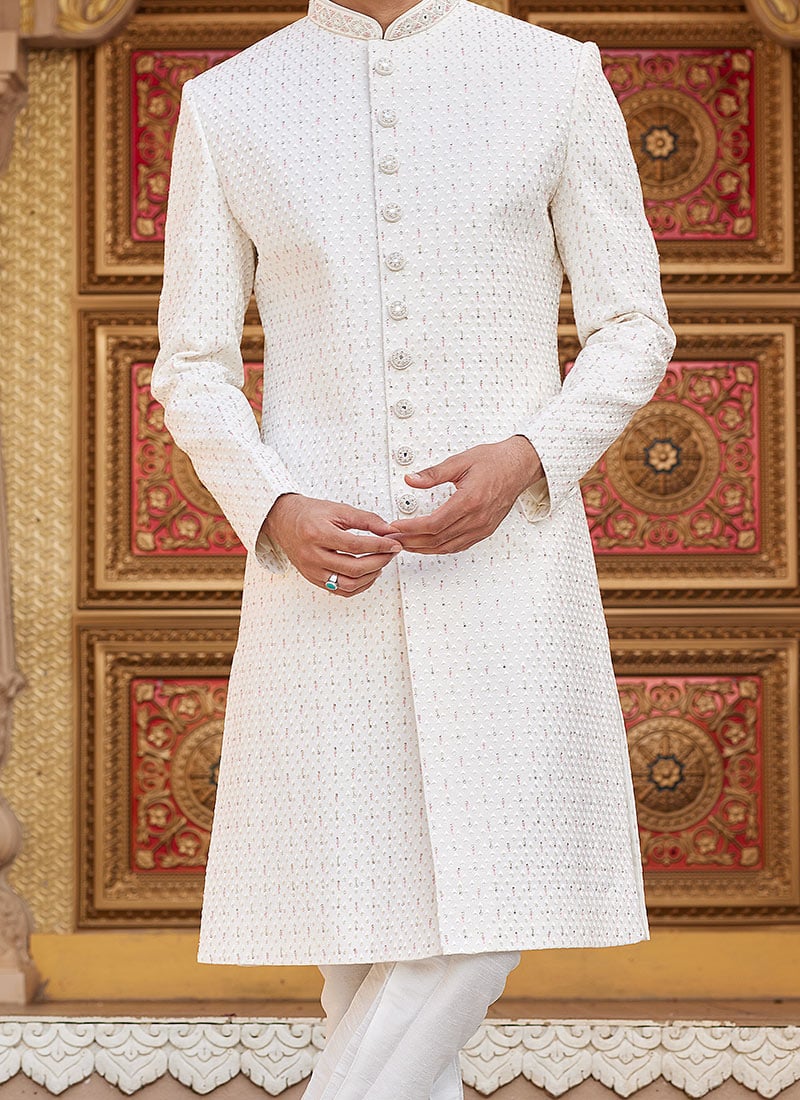 Shop Cream Silk Thread Hand Embroidered Classic Sherwani Wedding Wear ...