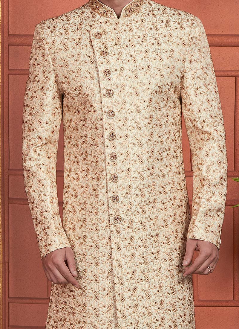 Shop Cream Silk Thread Hand Work Classic Sherwani For Men Wedding Wear ...