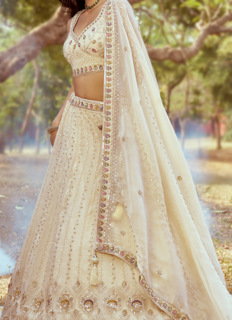 Shop Cream Tissue Cut Dana Hand Work Zari And Moti Embroidered Mesmerizing Lehenga Wedding Wear ...
