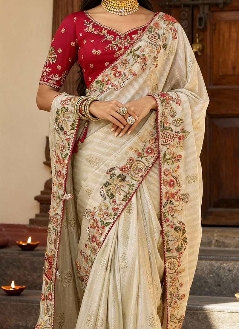 Shop Cream Viscose Jacquard Silk Zari And Sequins Embroidered Saree Festive Wear in India - Cbazaar