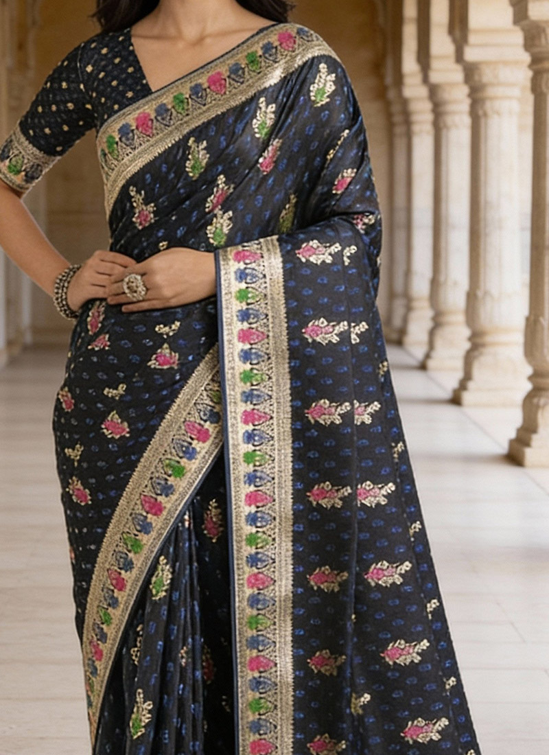 Shop Dark Blue Banarasi Silk Zari Woven Saree Festive Wear in CA - Cbazaar