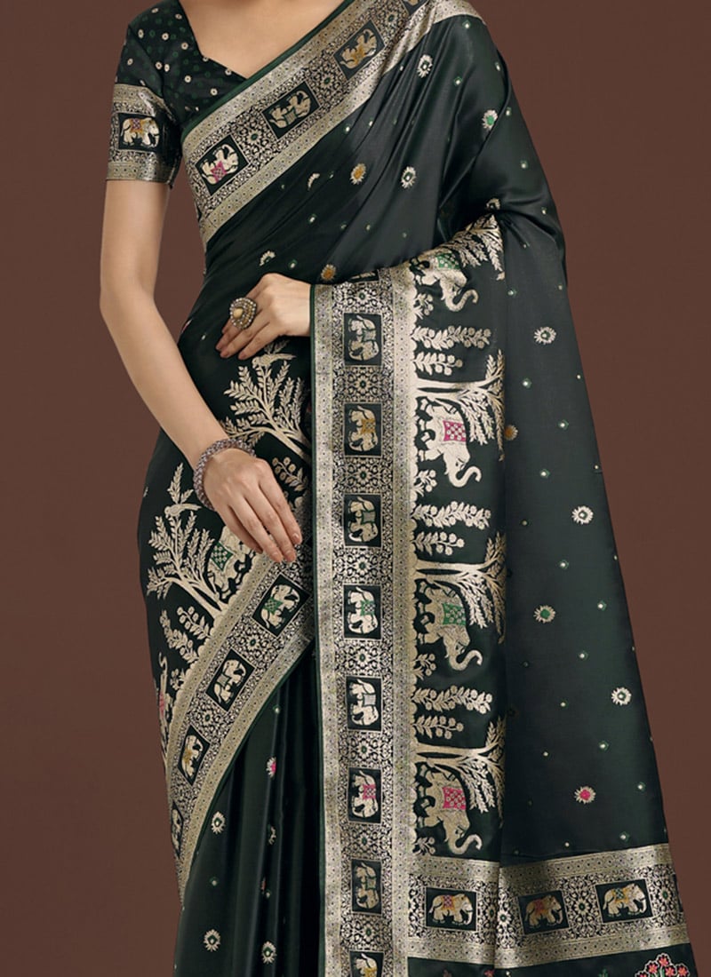 Buy Dark Green Banarasi Silk Zari Woven Saree Festive Wear Online at ...