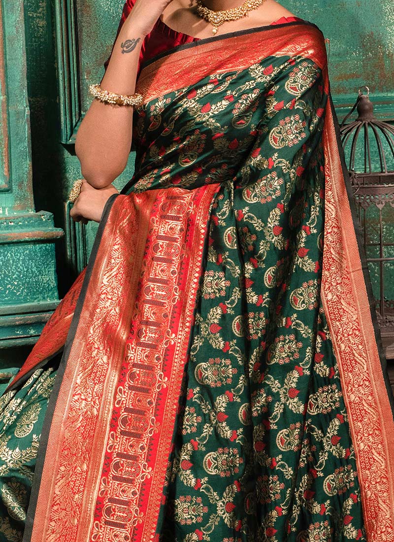 Shop Dark Green Benarasi Silk Blend Zari Work Saree Festive Wear Online ...
