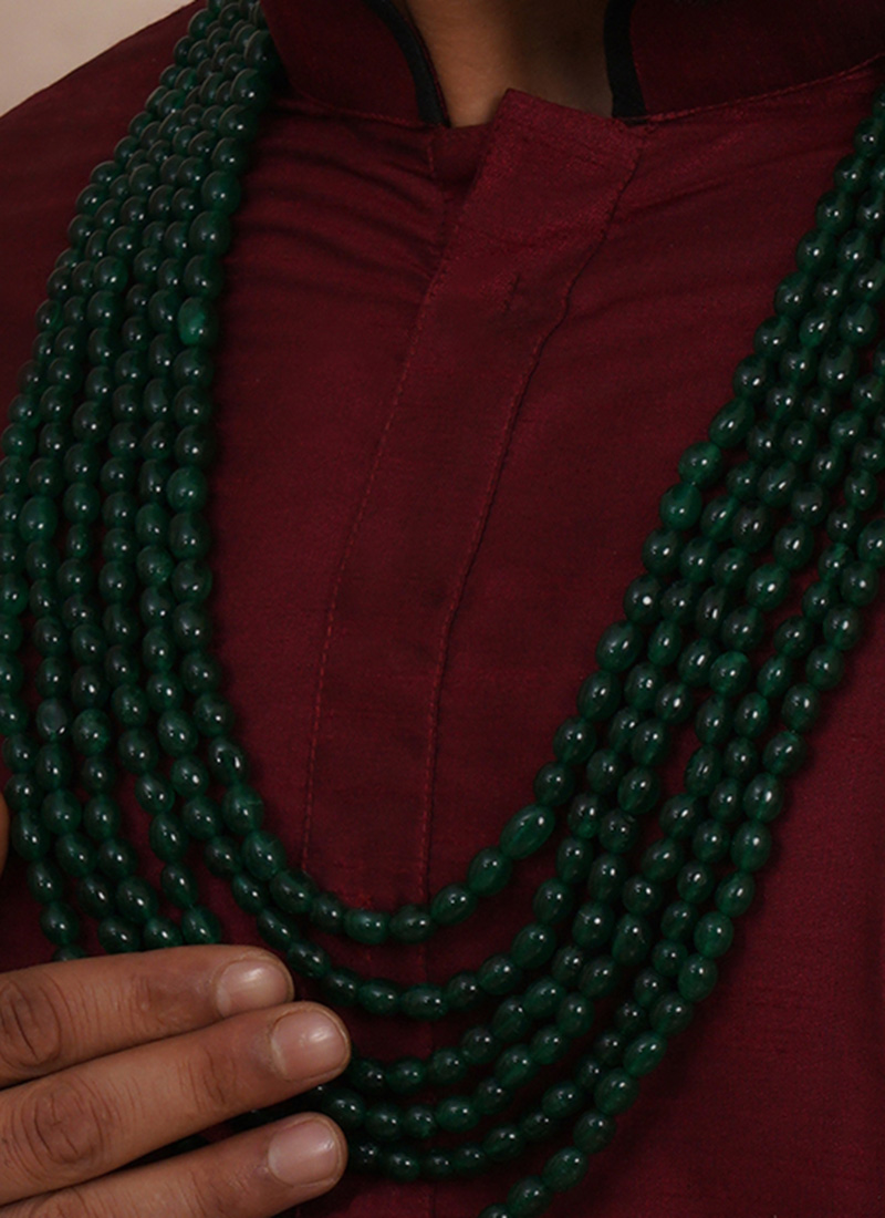 Buy Dark Green Gold Plated Pearl Layered Necklace For Men Wedding Wear ...