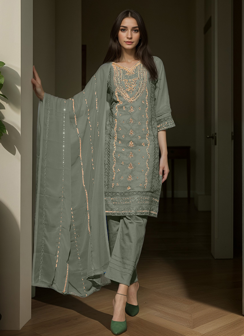 Buy Dark Grey Faux Georgette Embroidered Sequins With Moti Work ...