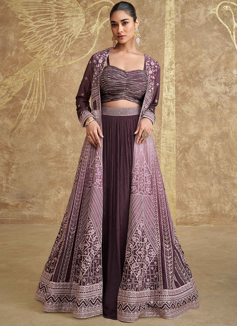 Shop Dark Mauve Chinnon Silk Embroidered Sequins Stunning Indowestern ...
