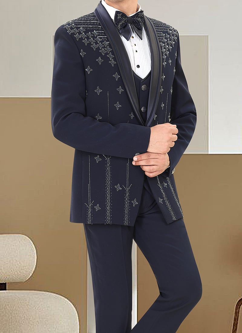 Shop Dark Navy Blue Armani Satin Silk Beads Hand Embroidered Suit ...