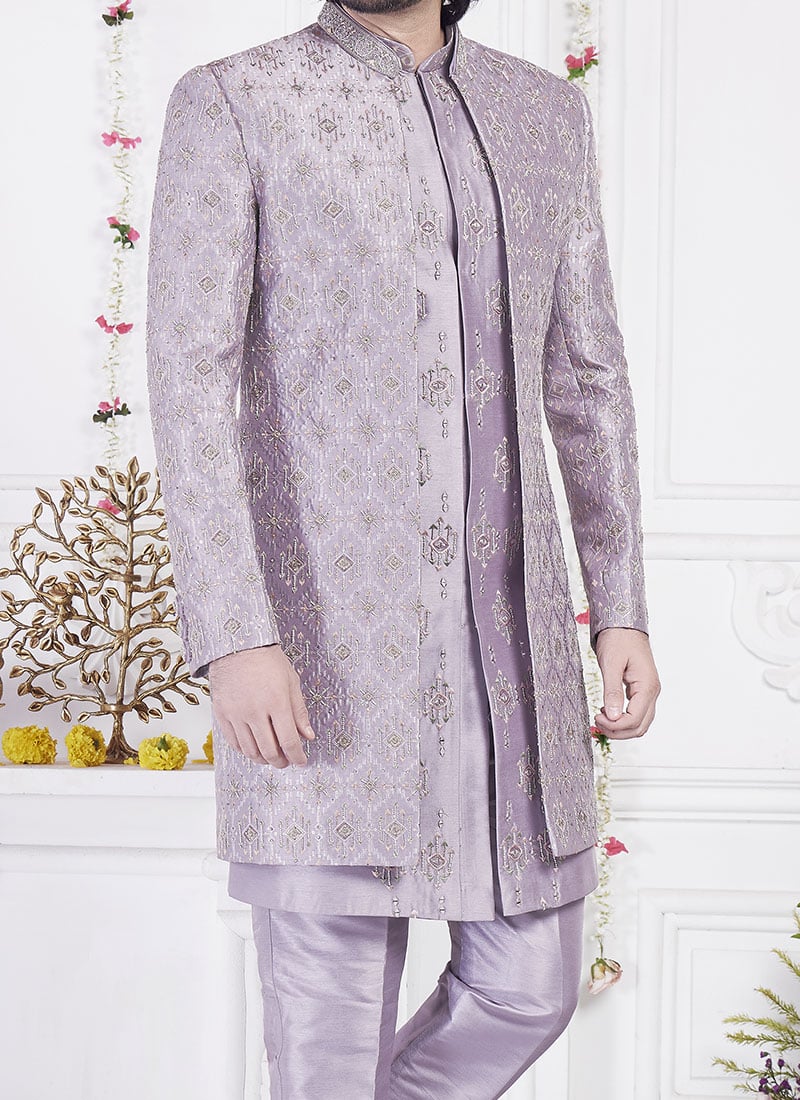 Shop Dark Onion Silk Hand Embroidered Stone And Beads Work Indowestern ...