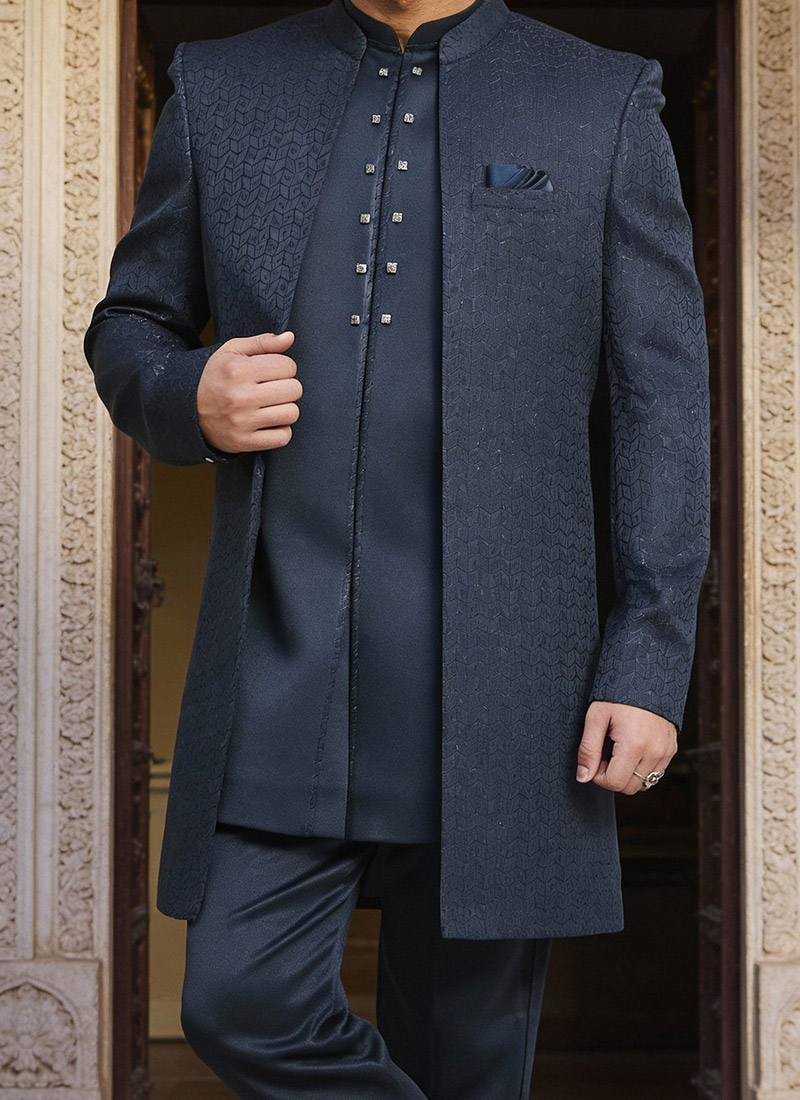 Shop Dark Teal Blue Jacquard Silk Indowestern Jacket Sherwani Set ...