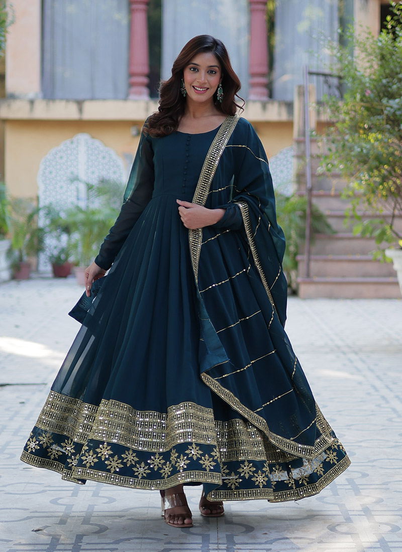 Buy Dark Teal Faux Georgette Embroidered Sequins Anarkali Suit Festive ...