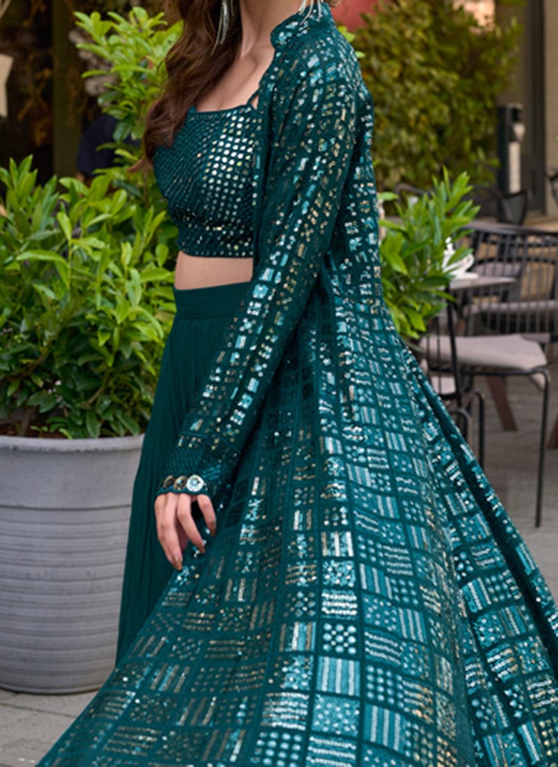 Shop Dark Teal Georgette Embroidered Sequins With Stone Work ...