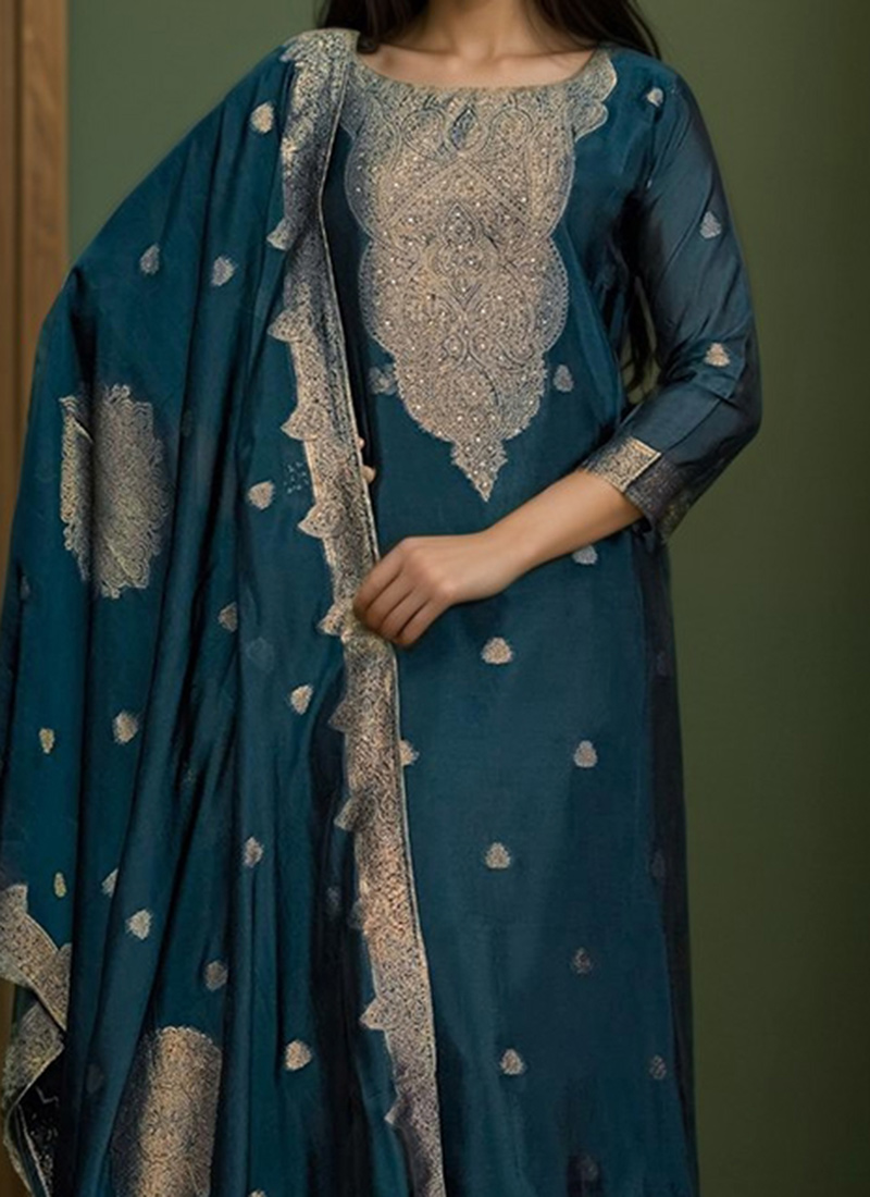 Shop Dark Teal Silk Jacquard Woven Straight Pant Suit Festive Wear ...