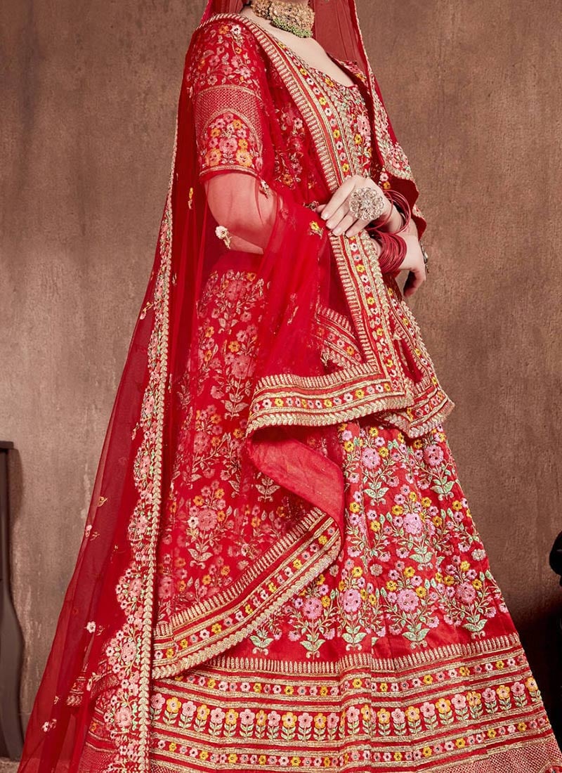 Buy Dazzling Red Mulberry Silk Lehenga With Stone Embossed Embroidered ...
