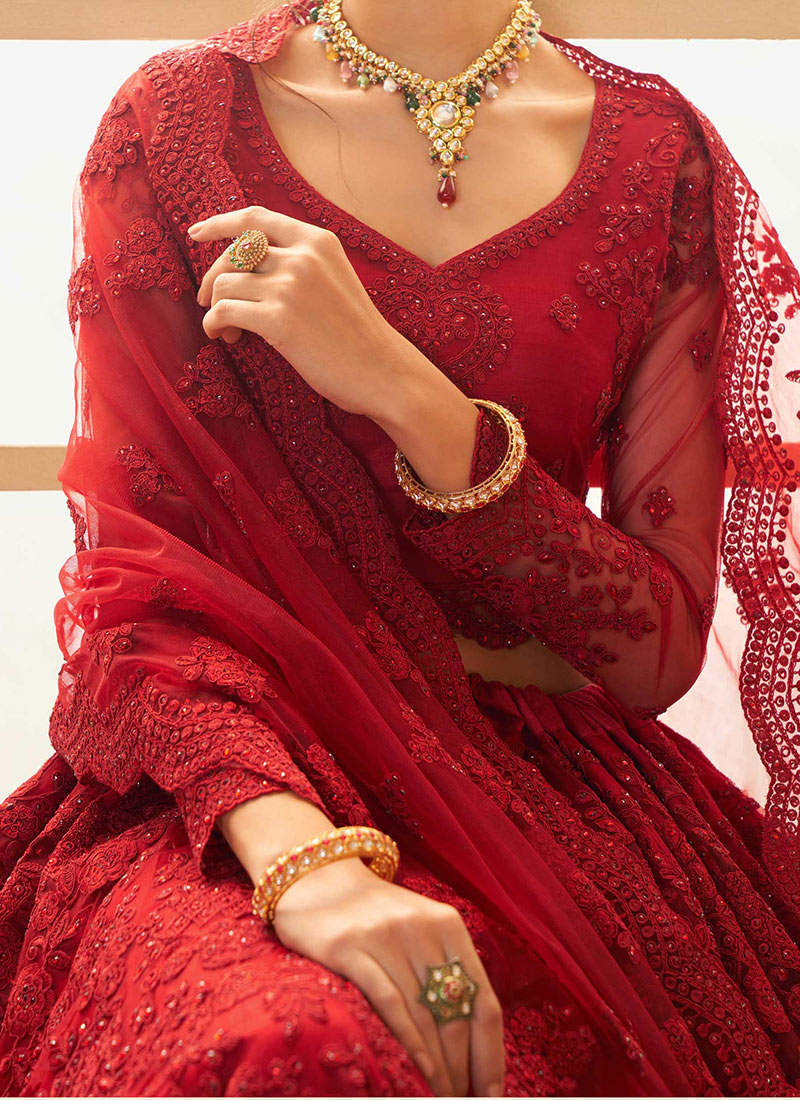 Buy Dazzling Red Net Embroidered Stone Work Lehenga Wedding Wear Online ...