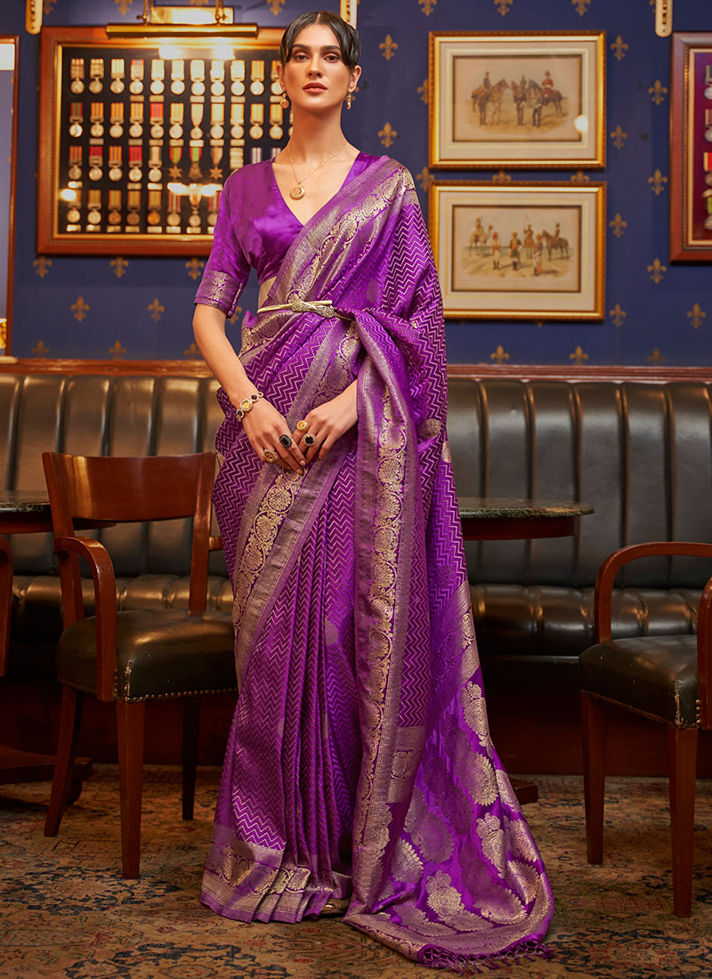 Buy Deep Magenta Satin Blend Woven Work Saree Festive Wear Online at ...
