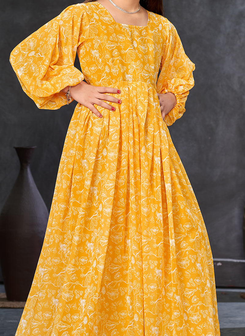 Buy Digital Print Yellow Kids Girls Gown Party Wear Online at Best ...