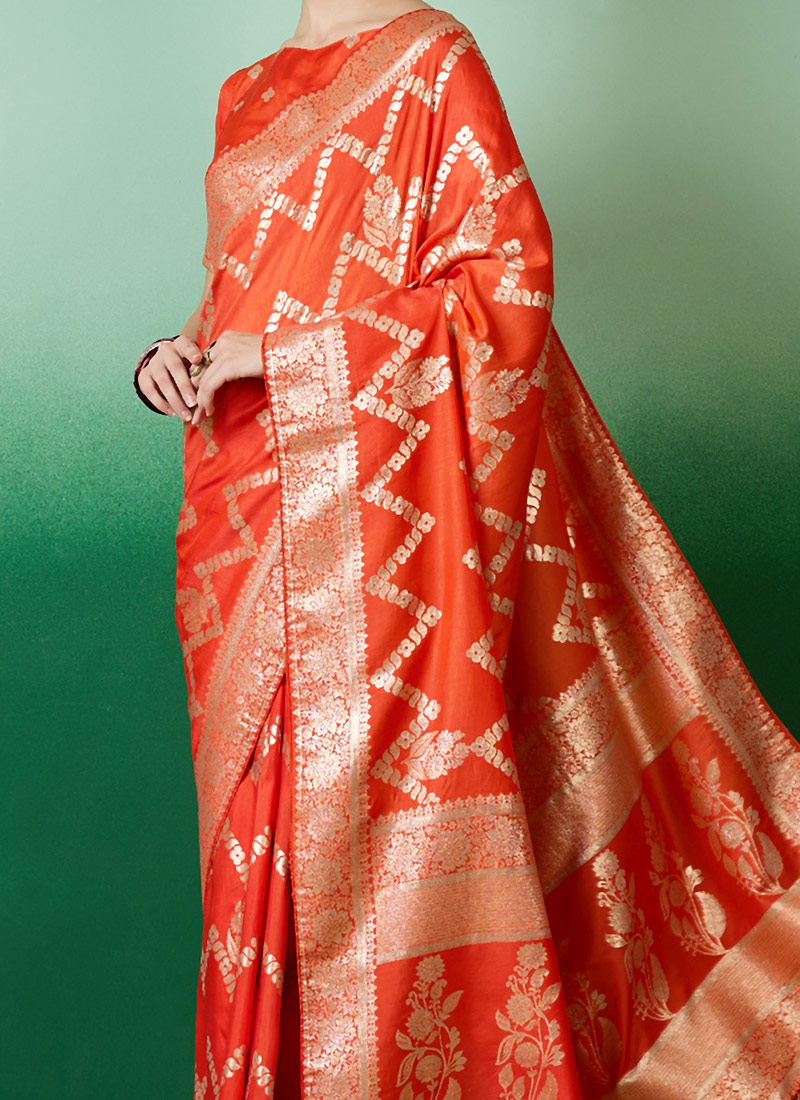 Buy Dola Silk Orange Jacquard Woven Classic Saree For Indian Women ...