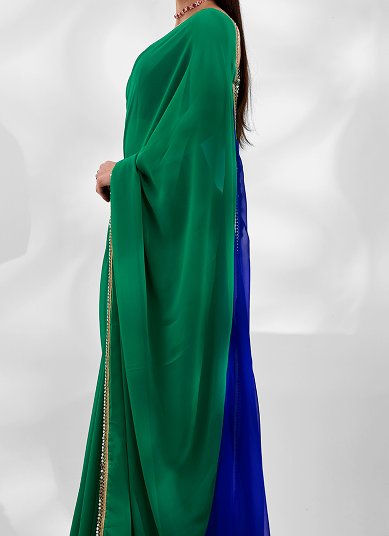 Buy Dual Color Faux Georgette Lace Mirror Work Embossed Saree After Six ...