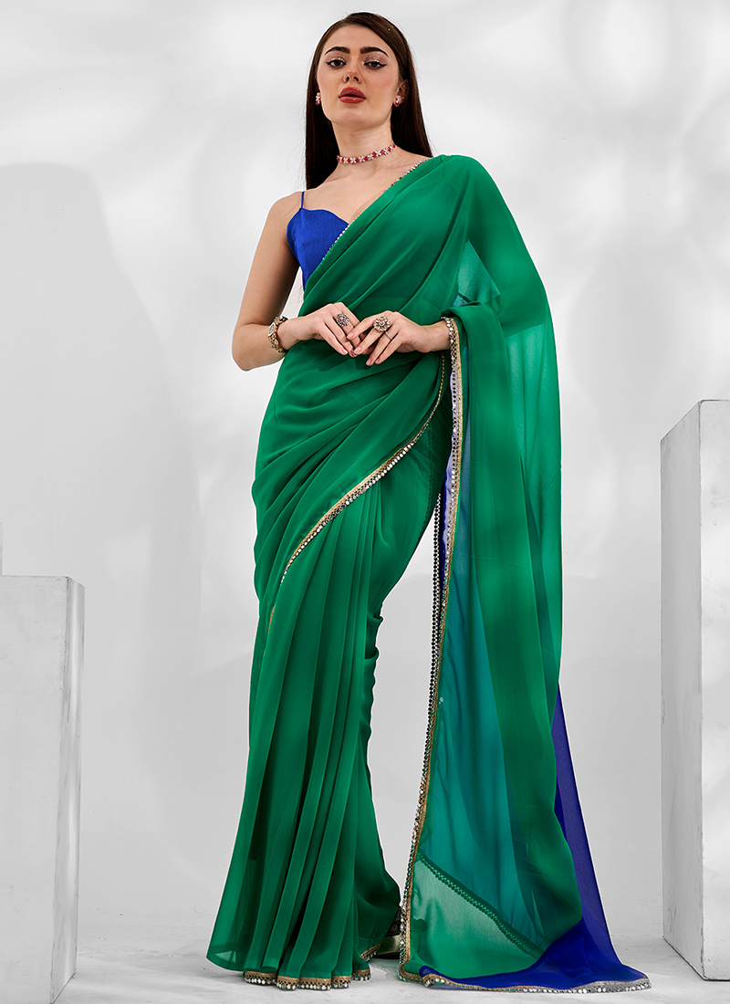 Buy Dual Color Faux Georgette Lace Mirror Work Embossed Saree After Six ...