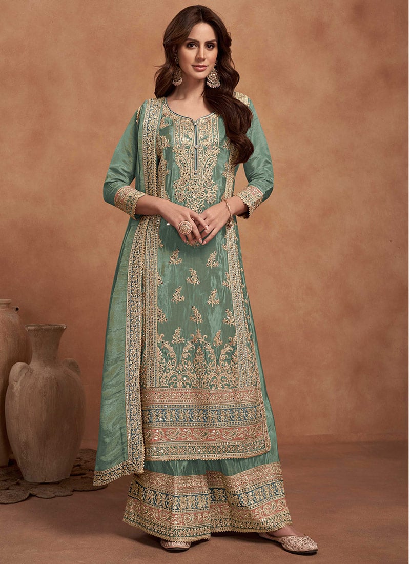 Buy Dusty Green Simar Silk Embroidered Sequins Palazzo Suit For Elegant ...