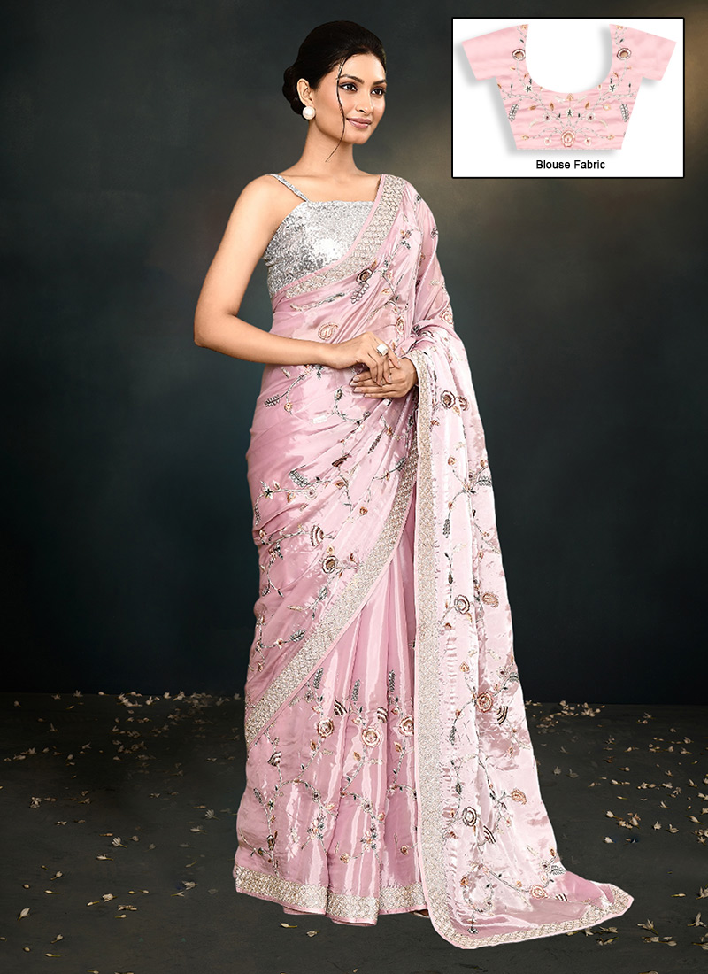 Buy Elegant Light Pink Satin Silk Embroidered Sequins Saree Wedding ...