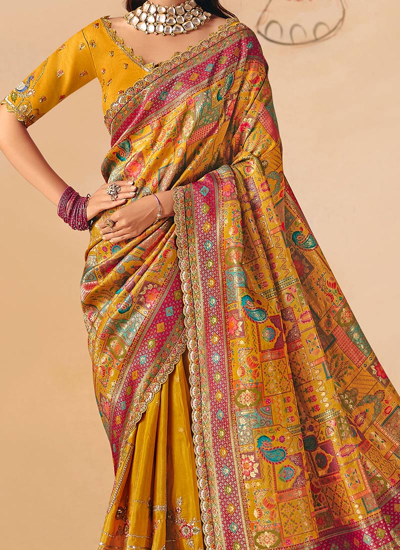 Shop Elegant Mustard Dola Silk Zari Embroidered Sequins Cut Work ...