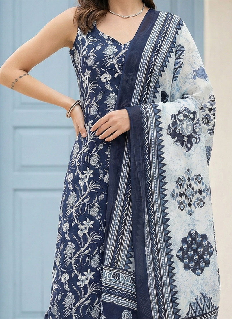 Shop Elegantly Printed Cotton Blue Straight Pant Suit After Six Wear in ...
