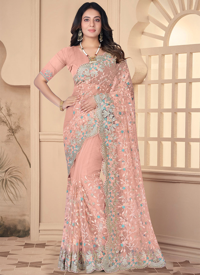 Shop Embroidered Stone Resham Work Peach Net Border Saree With Matching Blouse Party Wear Online ...