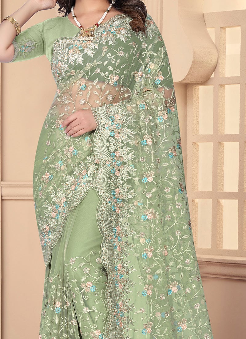 Buy Embroidered Stone Resham Work Pista Green Net Border Saree With ...