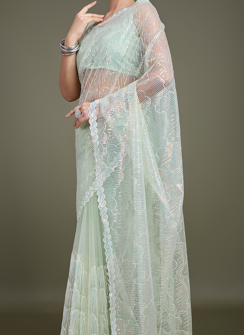 Shop Enchanting Elegance In Light Green Net Embroidered Sequins Saree ...