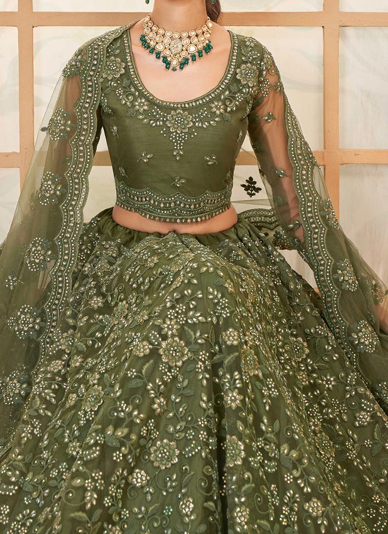Shop Ethereal Olive Green Net Embroidered Stone Work Lehenga Wedding Wear Online at Best Price ...