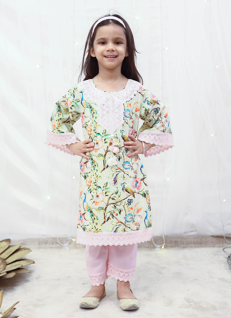 Shop Ethnic Blended Cotton Printed Kids Girls Kurta Straight Pant Set ...