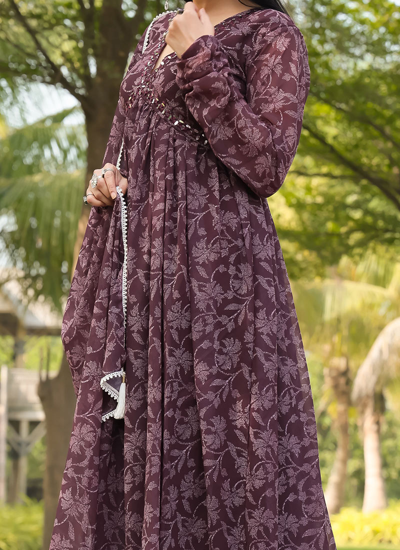 Shop Faux Georgette Floral Print Mirror Work Anarkali Gown Party Wear ...