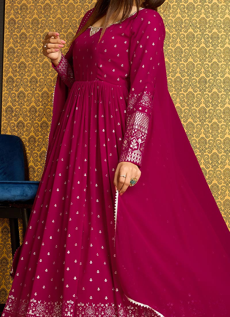 Shop Faux Georgette Foil Print Rani Pink Anarkali Gown Party Wear ...
