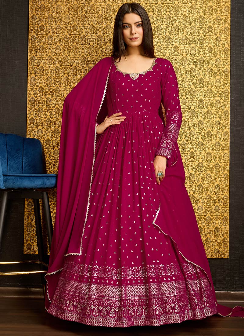 Shop Faux Georgette Foil Print Rani Pink Anarkali Gown Party Wear ...