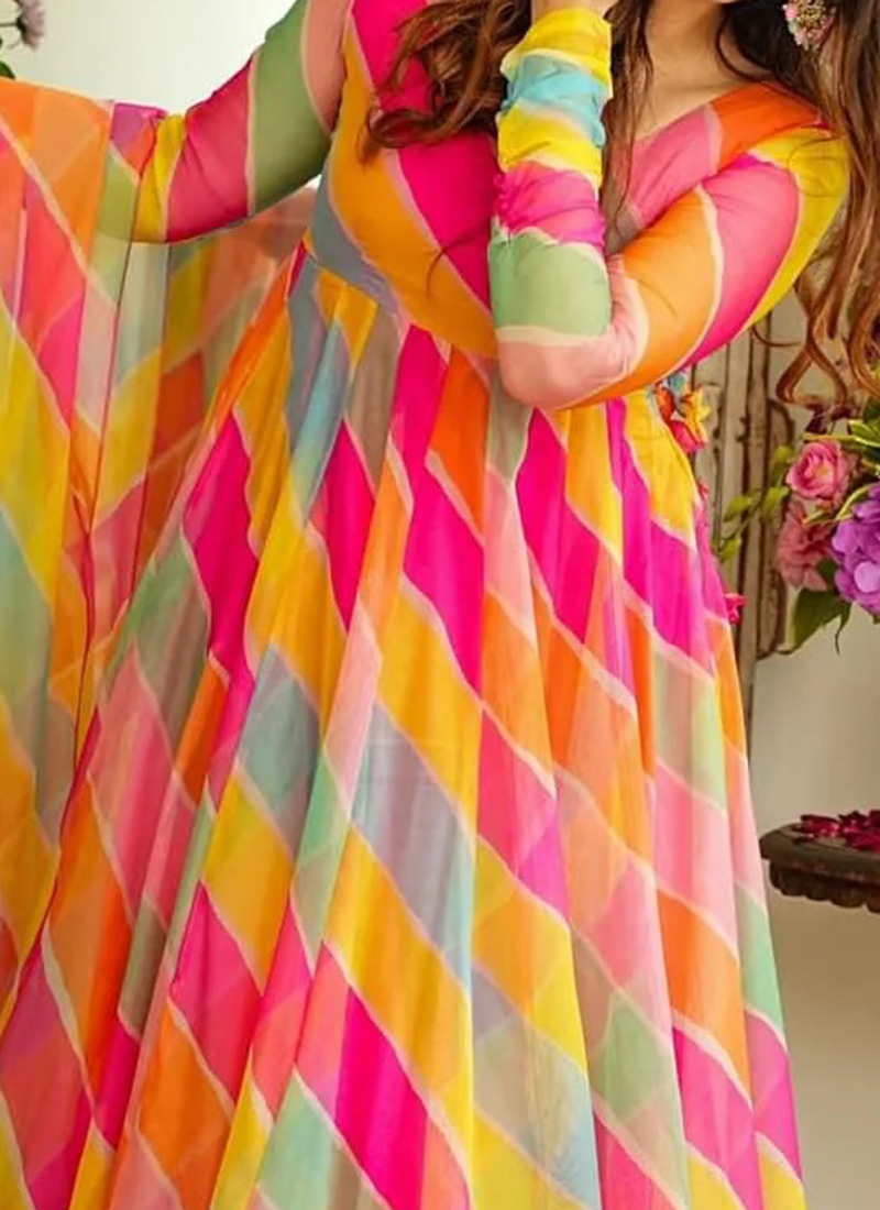 Buy Faux Georgette Printed Anarkali Gown With U Neck And Full Sleeve ...