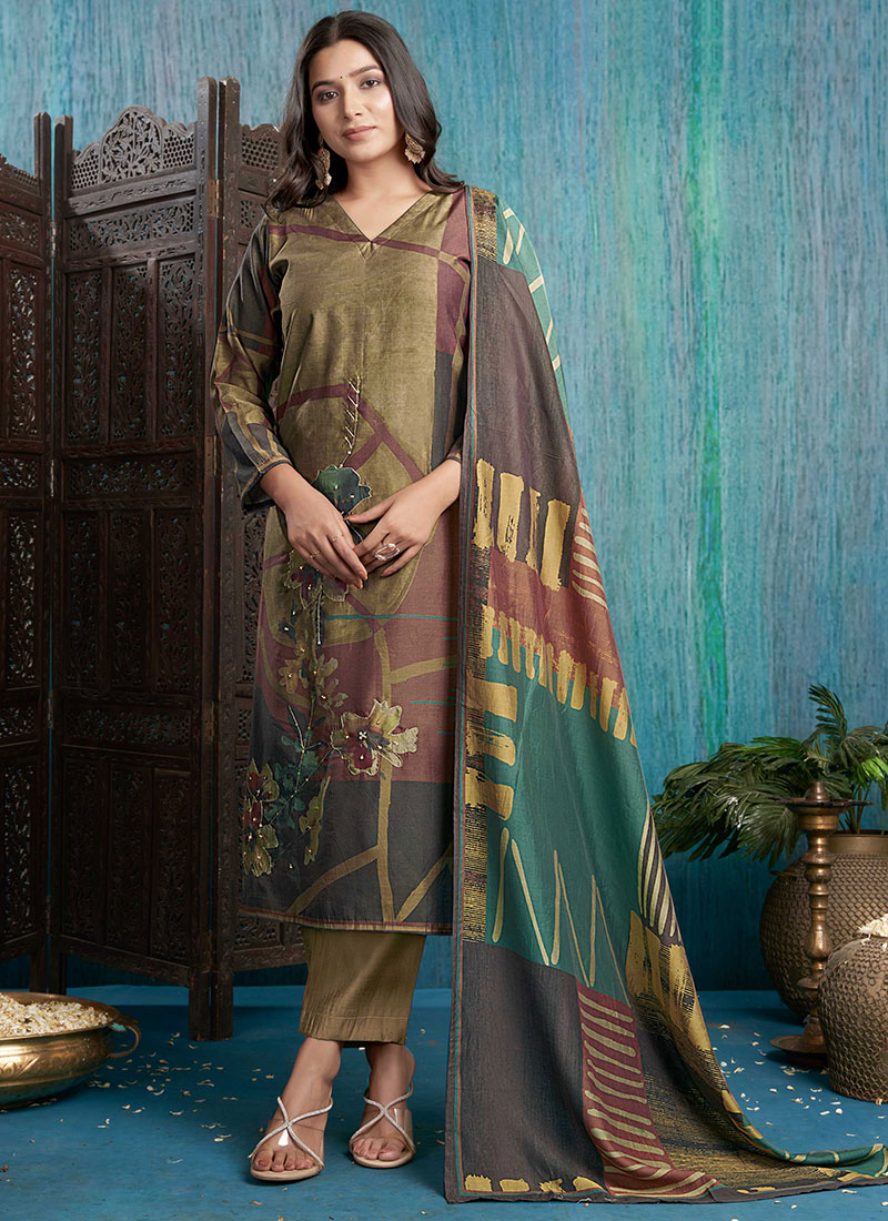 Buy Fawn Silk Digital Printed Hand Work Straight Pant Suit After Six ...