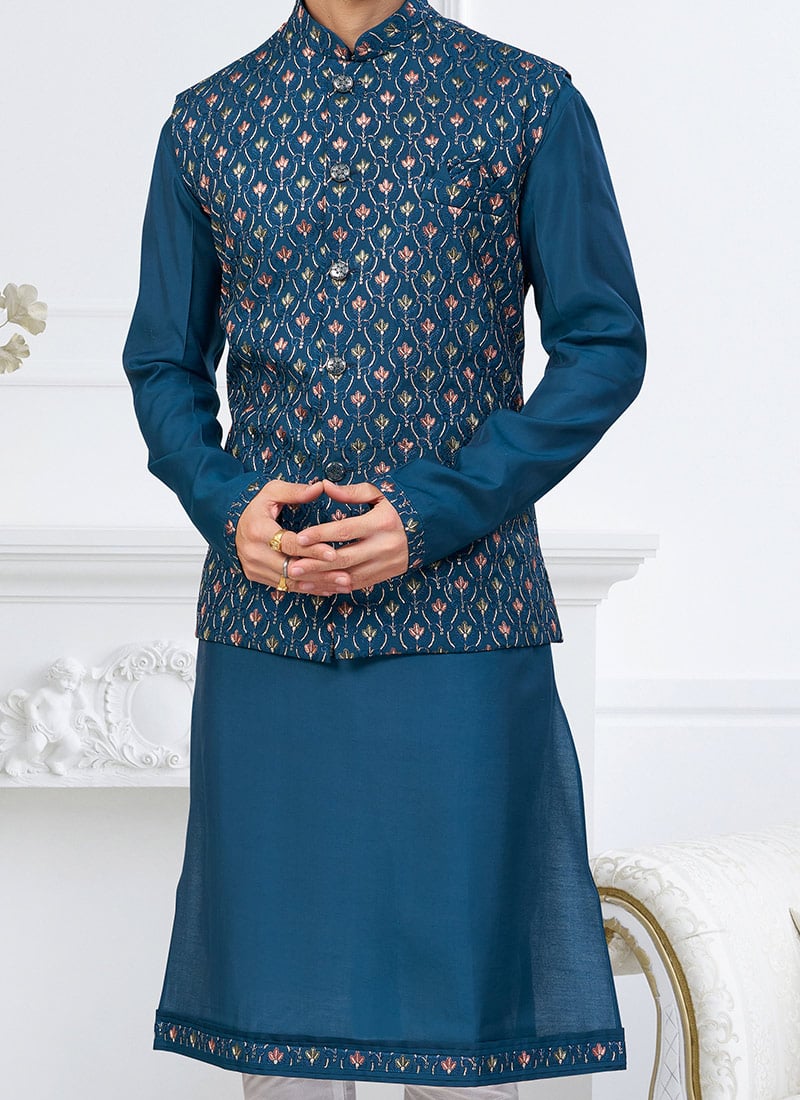 Shop Firozi Silk Thread Embroidered Sequins And Zari Bandi Set Festive ...