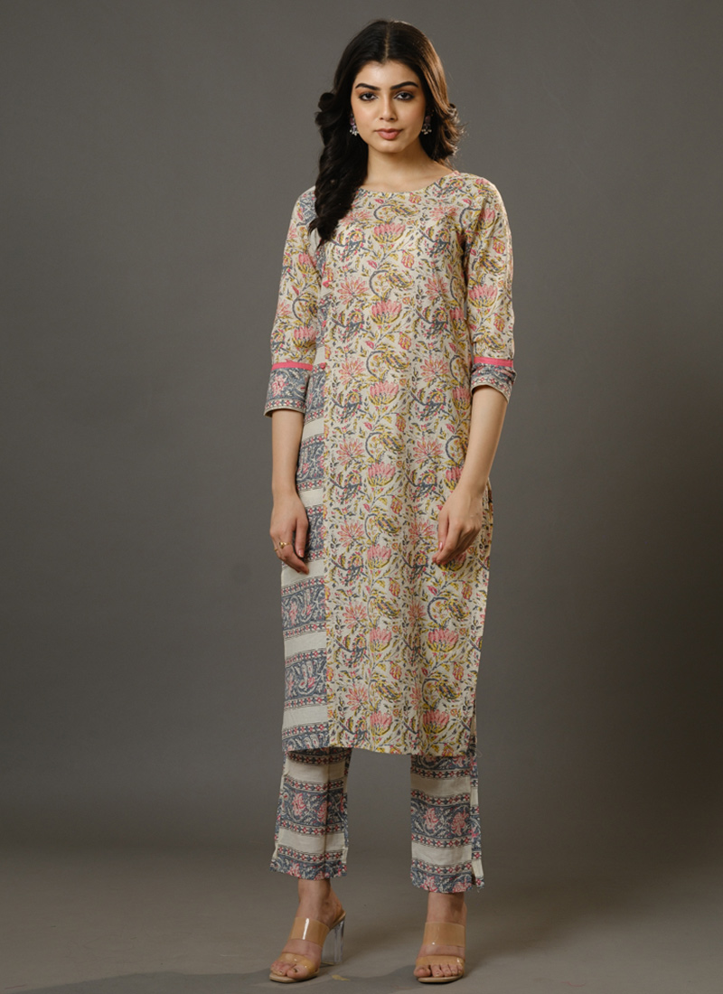 Shop Floral Block Print Pure Cotton Beige Kurta Straight Pant Set After ...